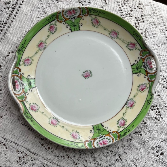 Dining | Vtg Chikaramachi Handled Plate Green Floral Hand Painted Japan ...